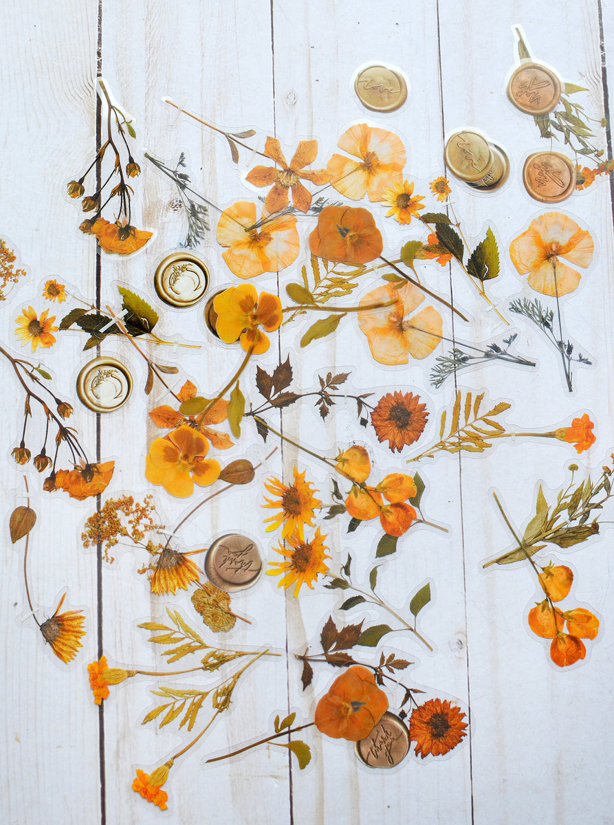 Pressed Flower Sticker Set - 40 Waterproof Vinyl Stickers ORANGE ...
